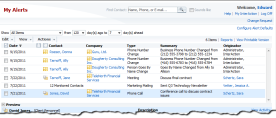 My Alerts Page – InterAction Admin Client