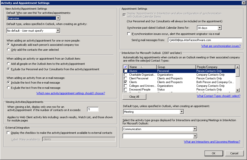 Configure General Settings for Activities & Appointments – InterAction Admin Client